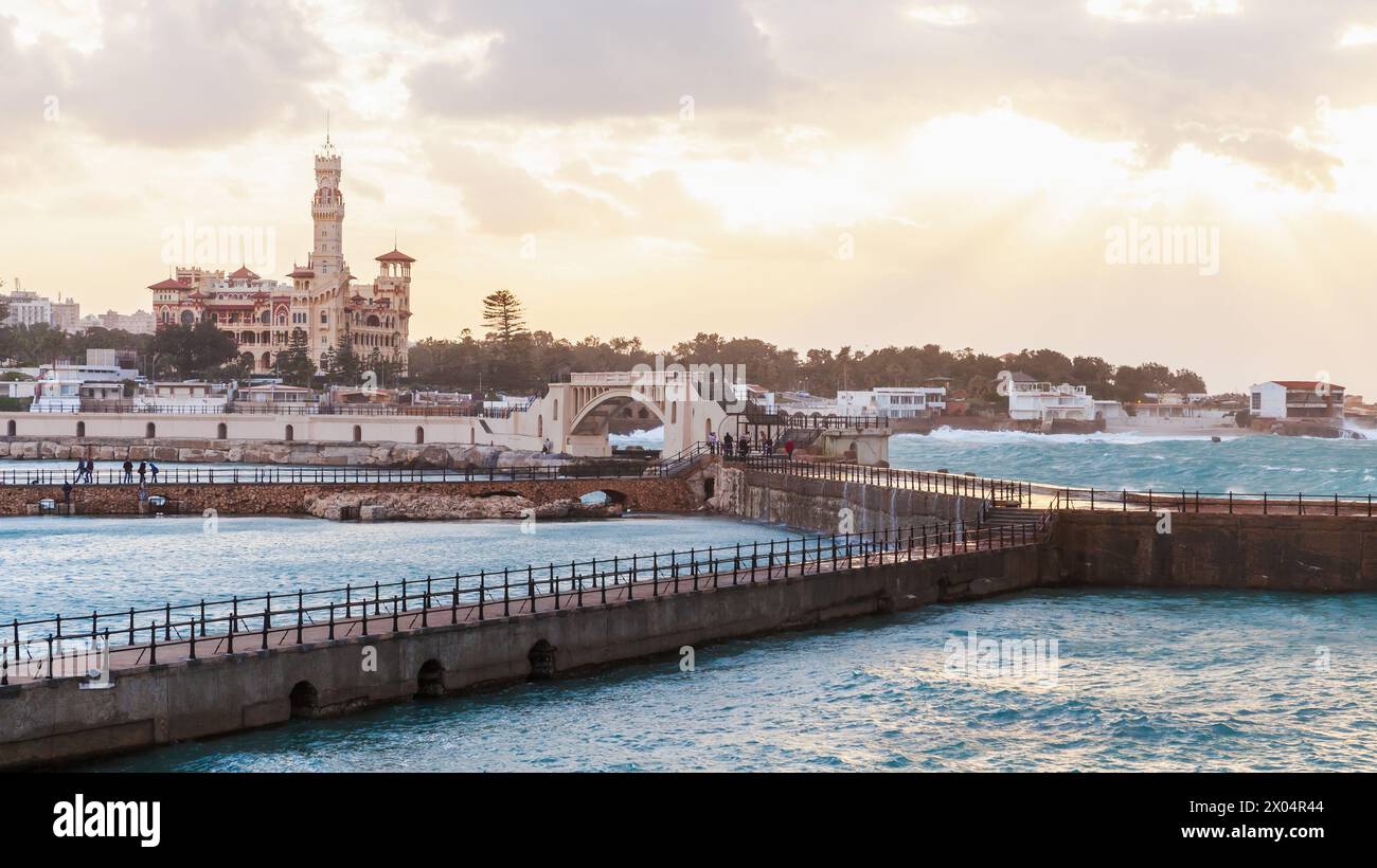 Panoramic coastal landscape with Montazah palace and footbridges under ...