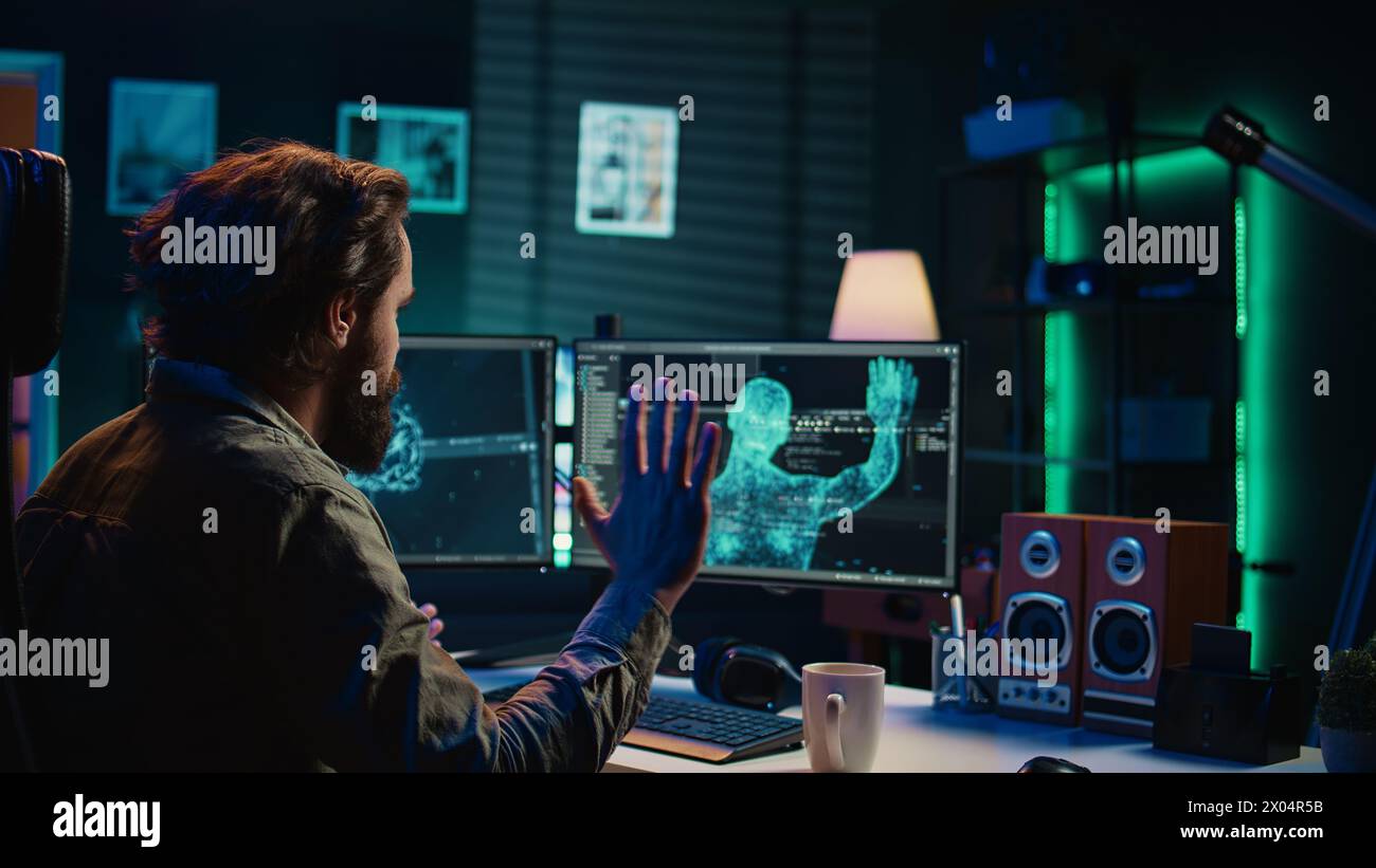 Self aware AGI AI gaining humanoid form inside cyberspace, waving hand ...