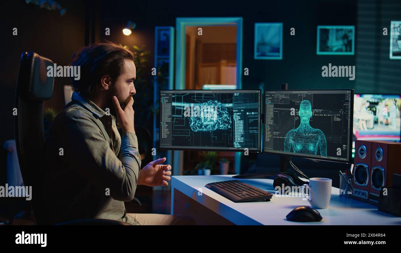 Self aware AGI AI gaining humanoid form inside cyberspace, waving hand ...