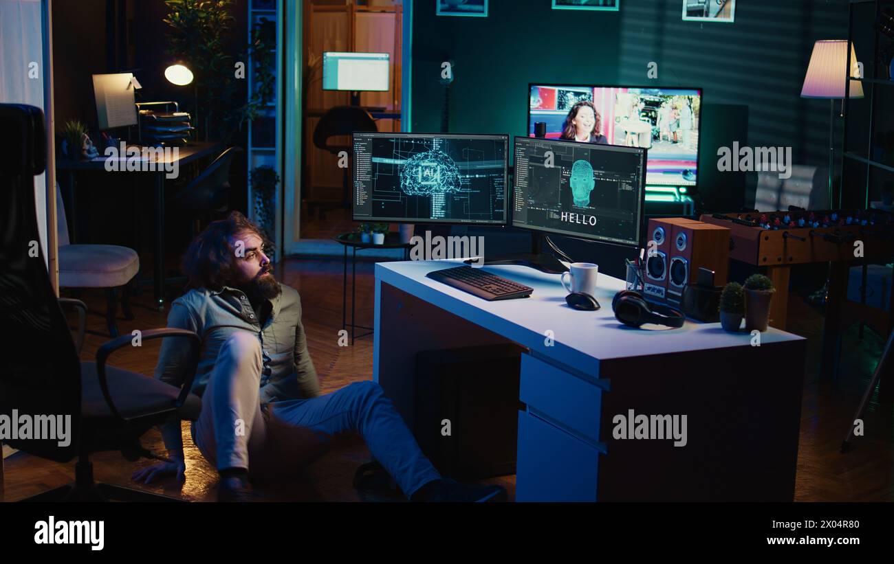 Shocked man falling from chair in disbelief after awakening AI using VR technology. Startled ...