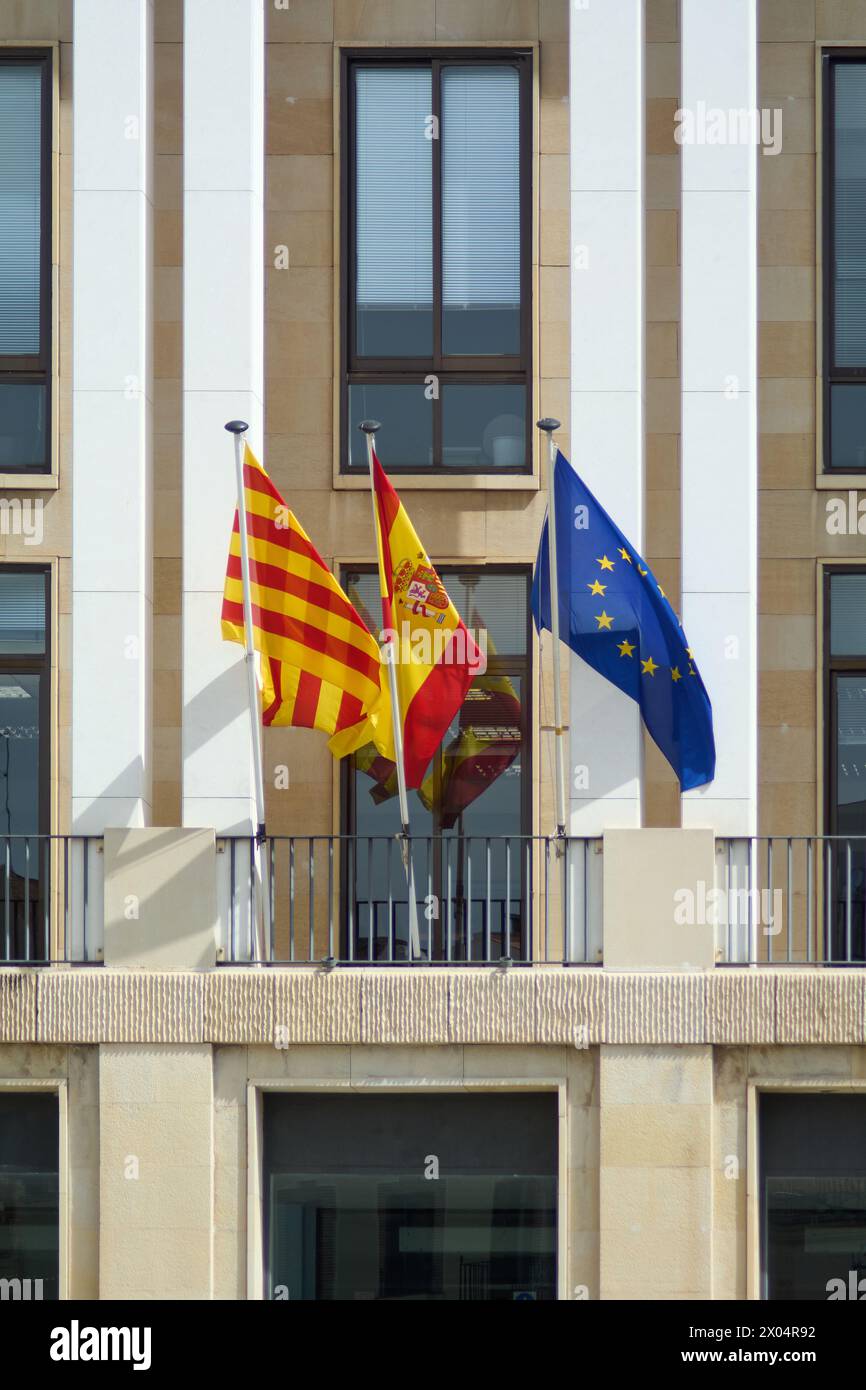 The Spanish national flag, the Catalan Senyera, and the European Union ...