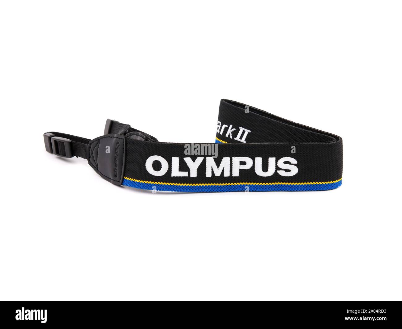 BUCHAREST, ROMANIA - AUGUST 21, 2020. Olympus camera strap isolated on ...