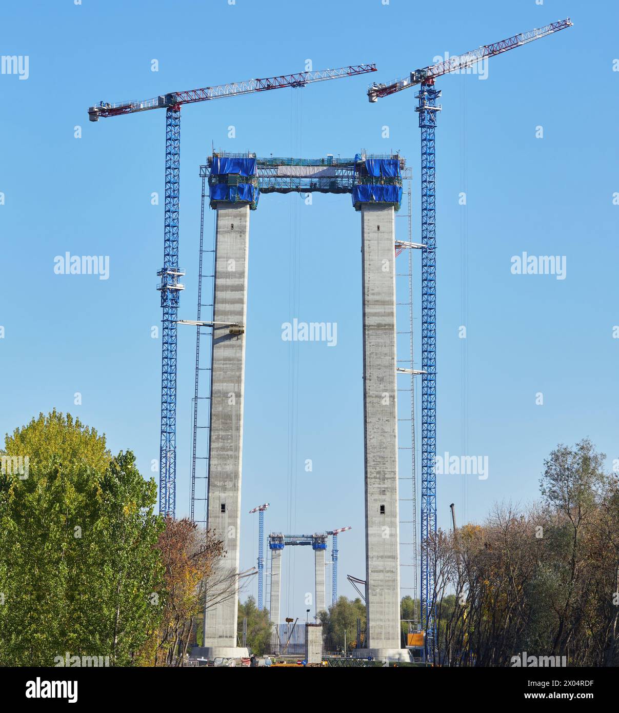 Reinforced concrete pillars for suspension bridge under construction ...