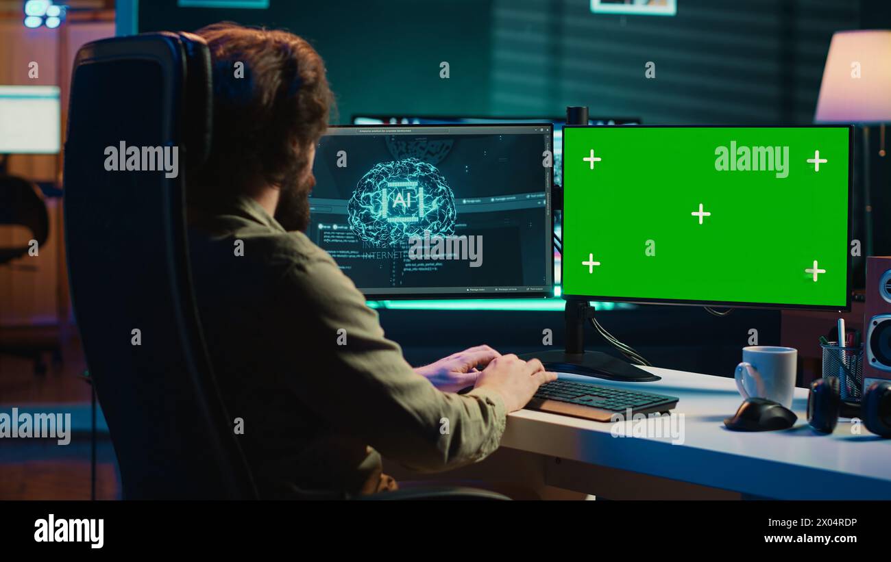 AI becoming sentient, talking with programmer, asking existential questions, green screen ...