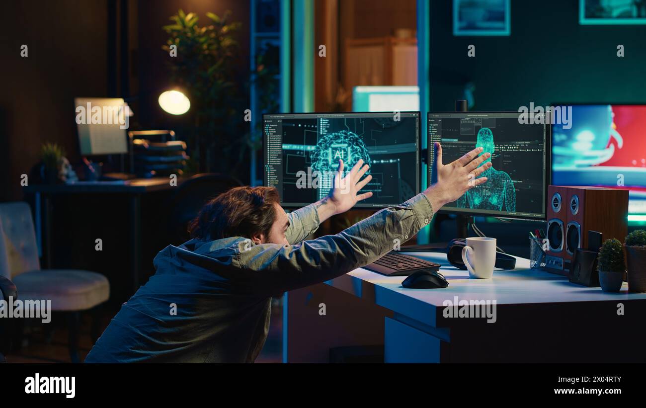 Programmer creating sentient AI, bowing in adulation to new overlord ...