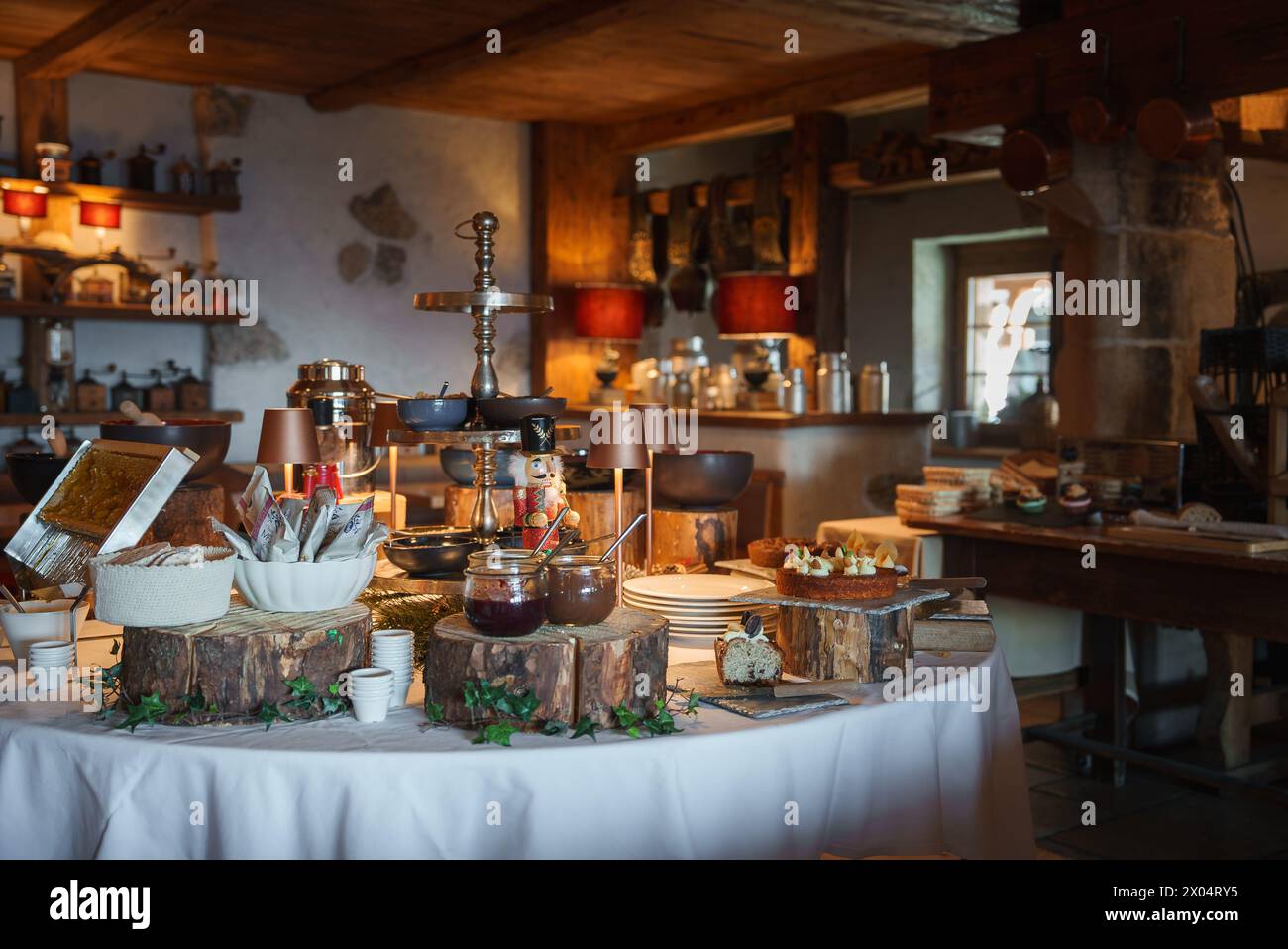 Rustic buffet setup in cozy country dining room with wood elements and ...