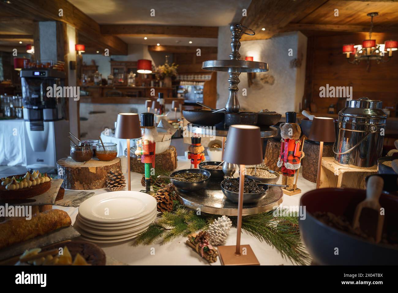 Cozy Buffet Setup with Rustic Decor in Lodge Dining Room Stock Photo ...