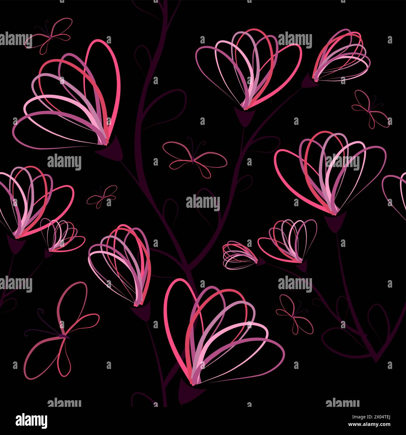 Seamless dark pattern of flowers from a line. hand drawn. Not AI ...