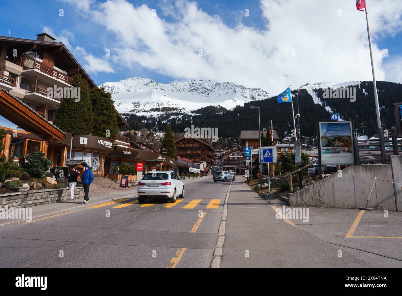Alpine street scene in Verbier ski resort town, Switzerland Stock Photo ...