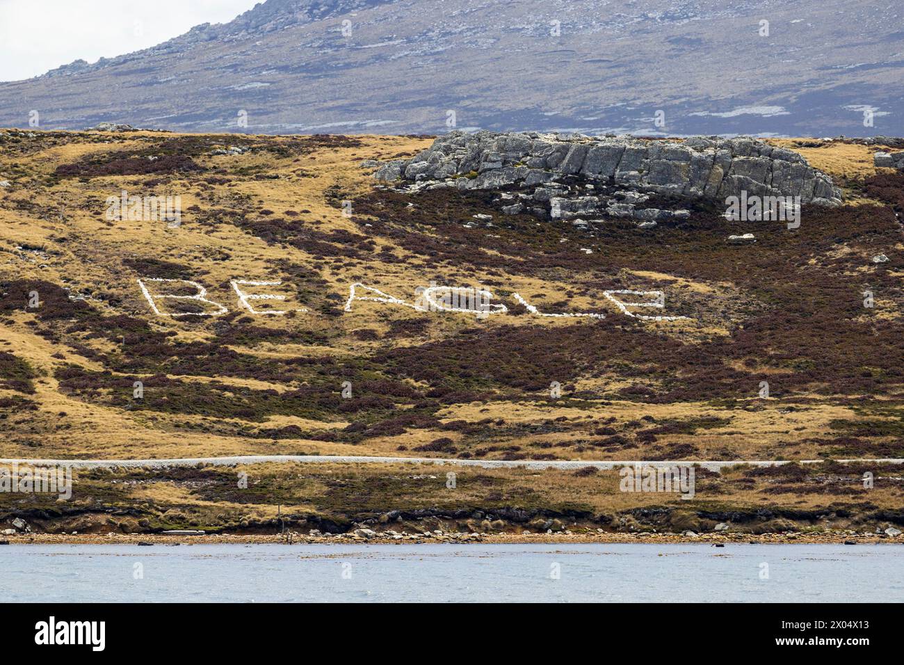 The name Beagle, a ship that carried Charles Darwin laid out in rocks ...