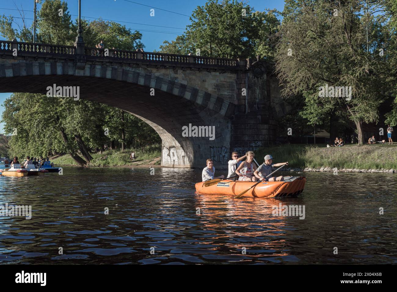 Prague, Czech Republic - May 27, 2017: Family rowing in a boat on ...