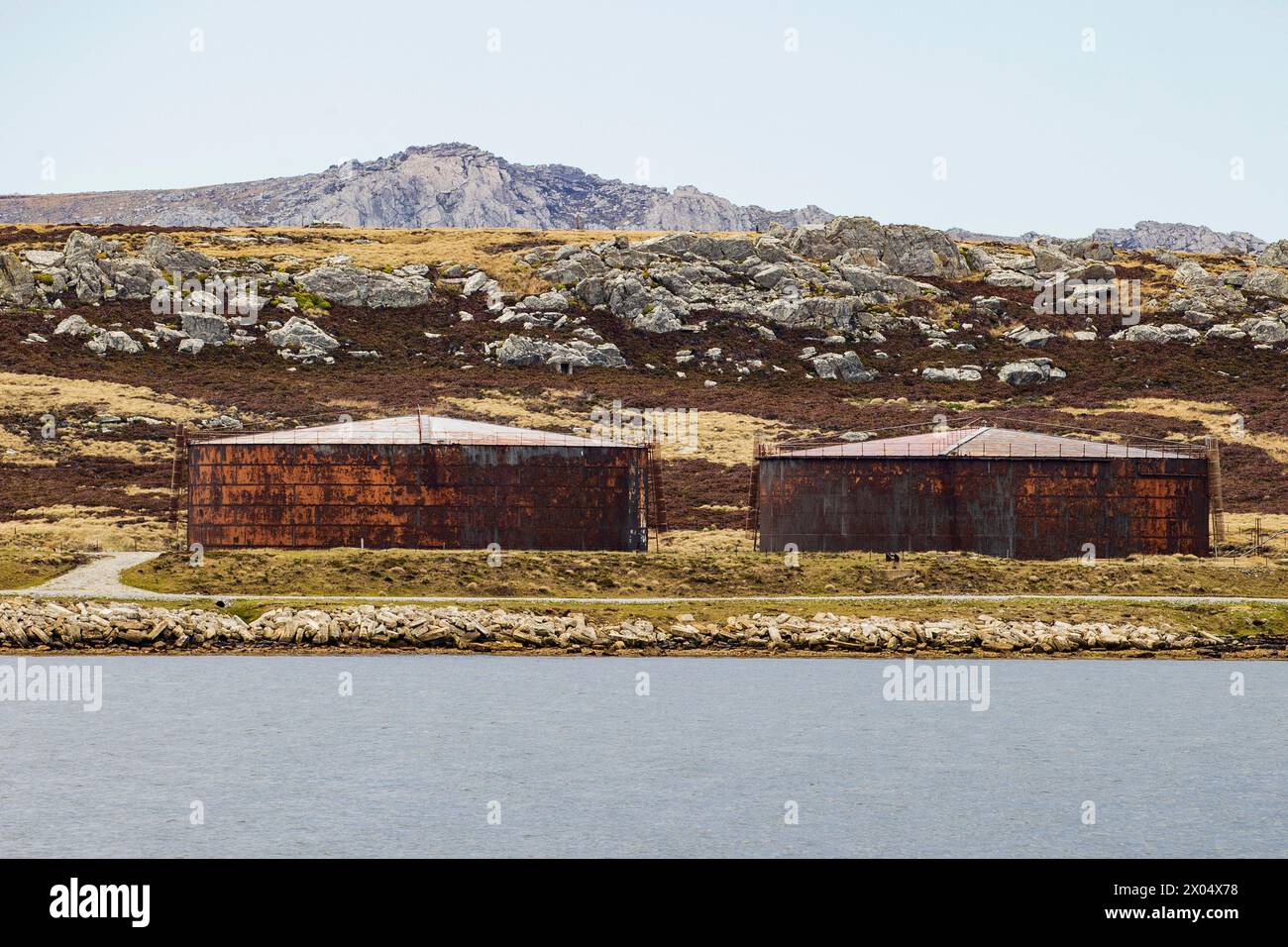 Rusty old fuel tanks on hillside in Stanley, Falkland Islands, Saturday ...