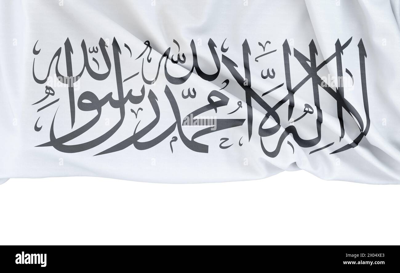 Flag of Islamic Emirate of Afghanistan isolated on white background with copy space below. 3D ...