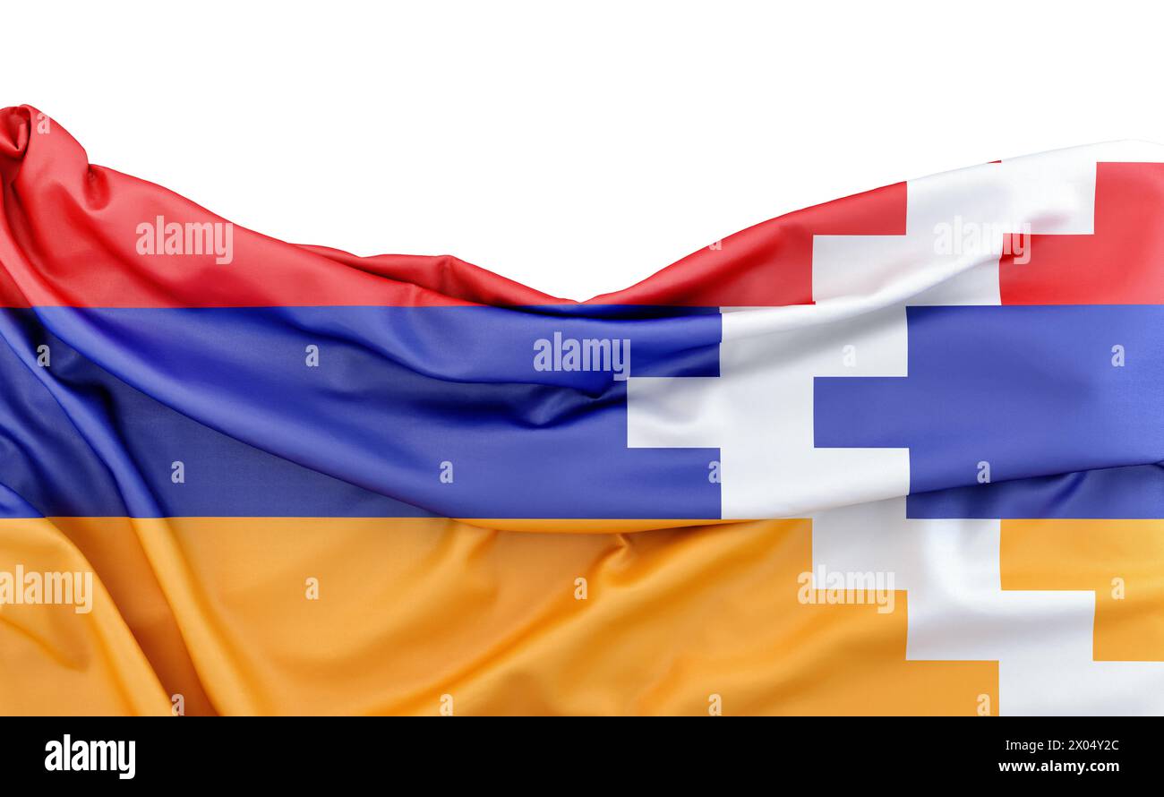 Flag of Artsakh (Nagorno-Karabakh) isolated on white background with copy space above. 3D ...
