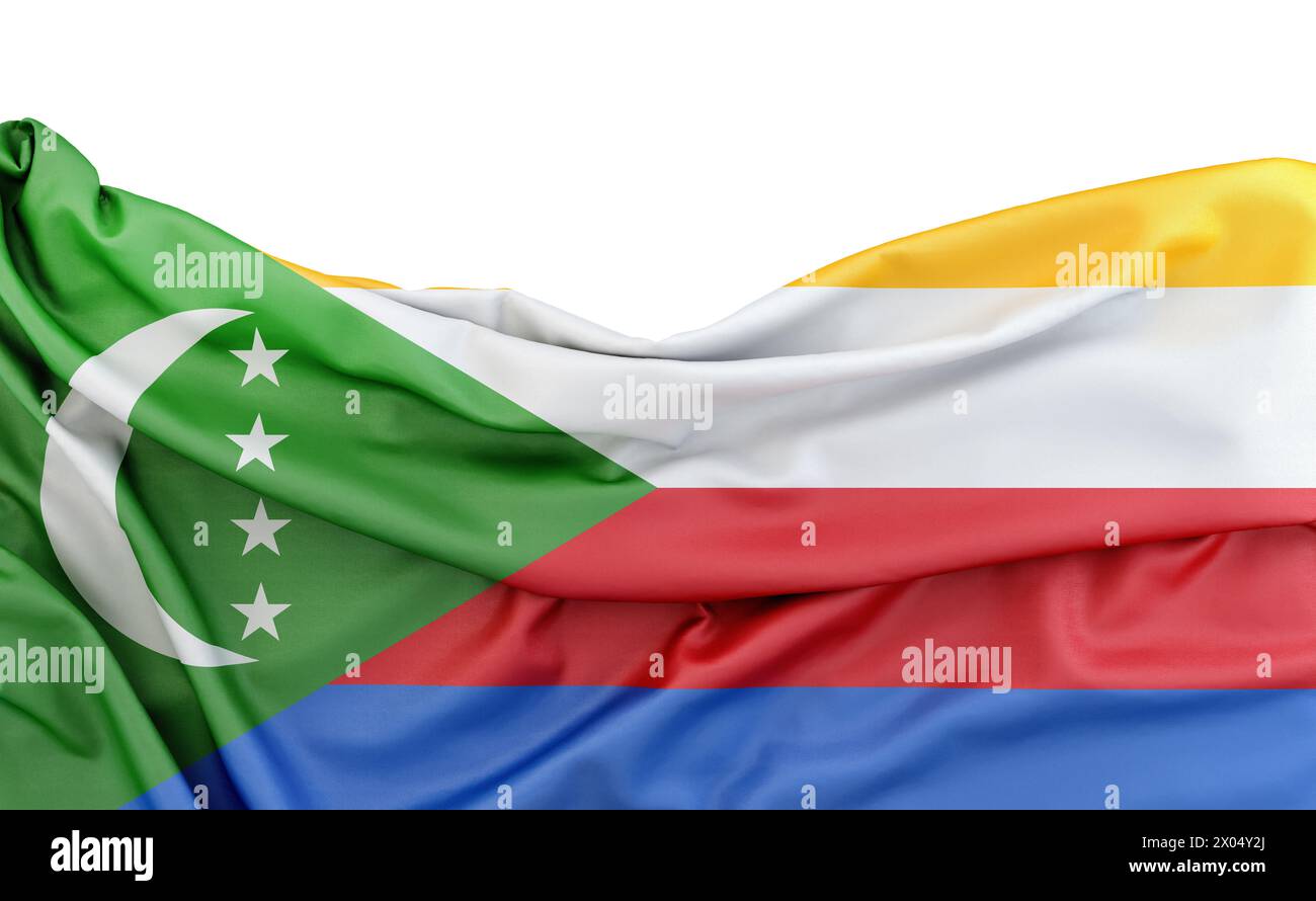 Flag of Comoros isolated on white background with copy space above. 3D ...