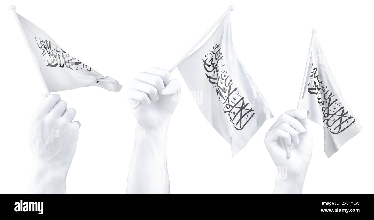 Three isolated hands waving Islamic Emirate of Afghanistan flags ...