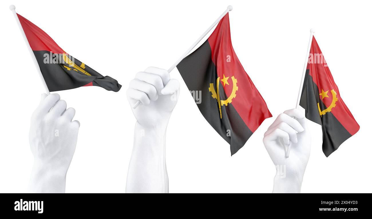 Three isolated hands waving Angola flags, symbolizing national pride ...