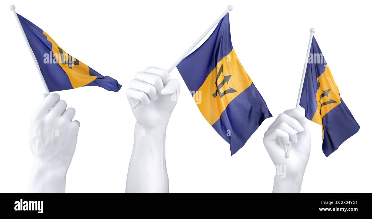 Three isolated hands waving Barbados flags, symbolizing national pride ...