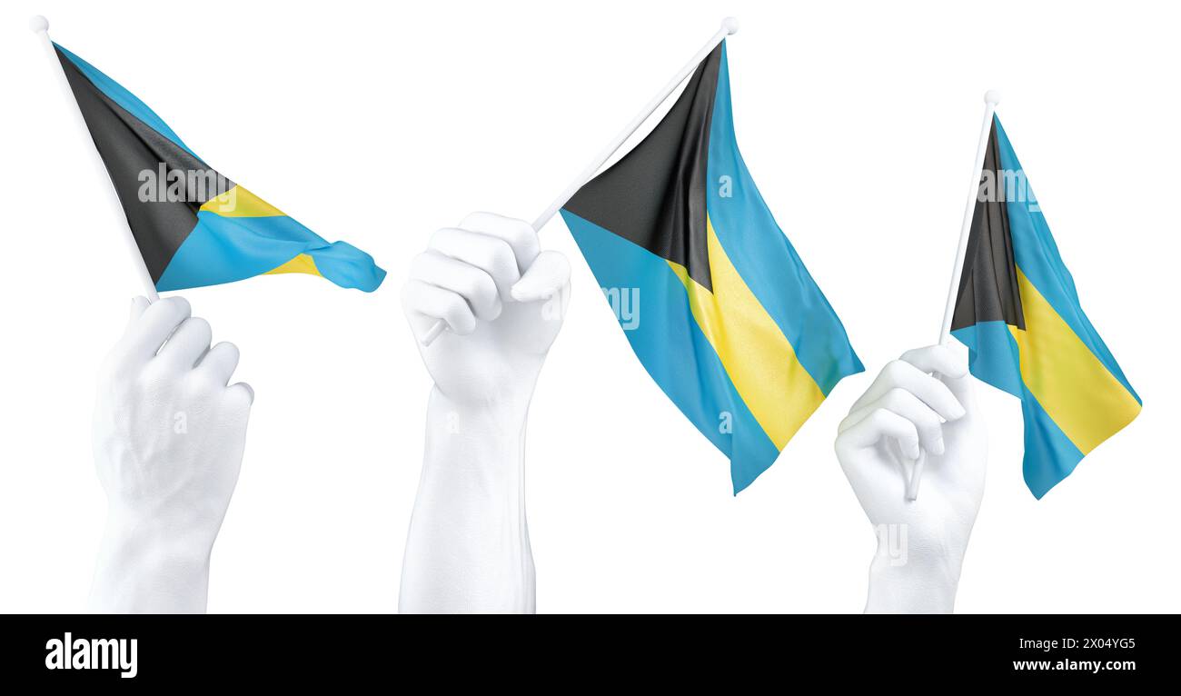 Three isolated hands waving Bahamas flags, symbolizing national pride ...