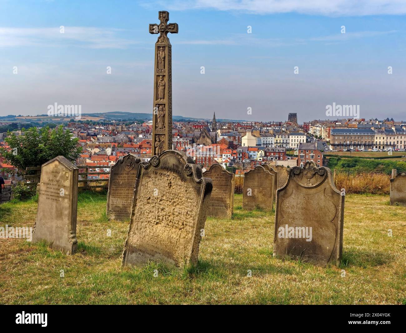 UK, North Yorkshire, Whitby, St Mary's Church, Caedmon's Cross and ...
