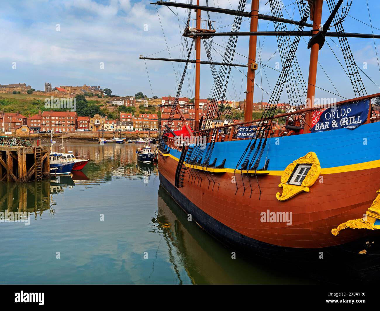 UK, North Yorkshire, Whitby Harbour HM Endeavour at Dock End Stock ...