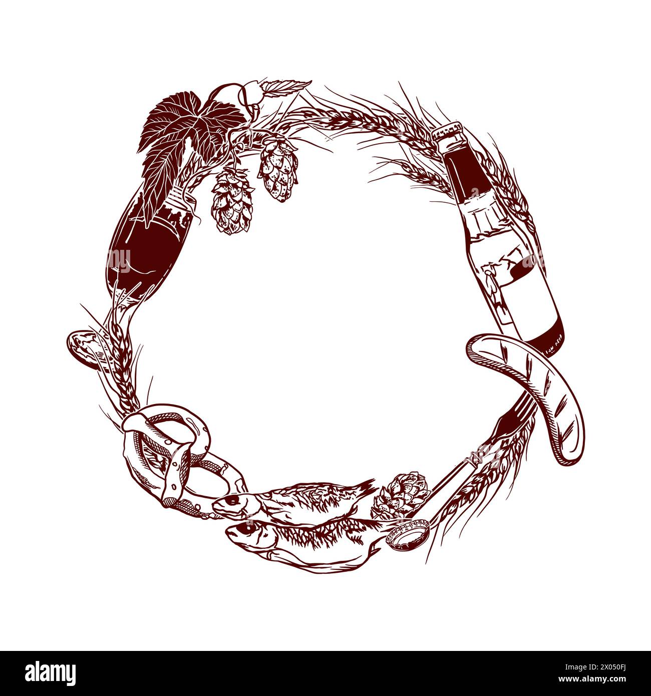 Beer glass, mug, bottle, hops, shrimp, fish, pretzel, wheat. Round ...