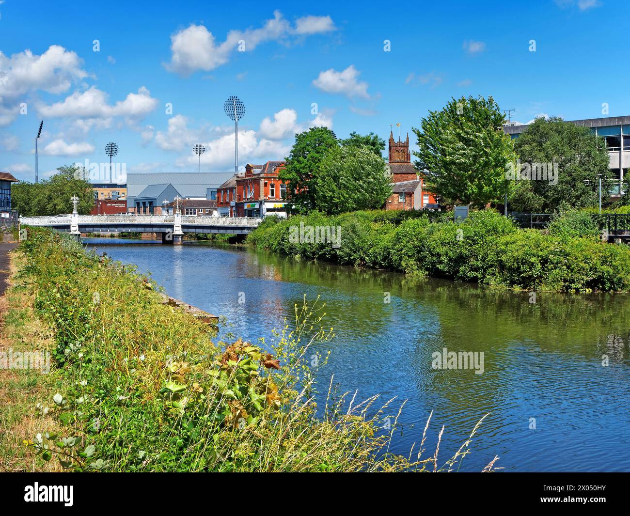 UK, Somerset, Taunton, River Tone and Town Skyline from opposite ...