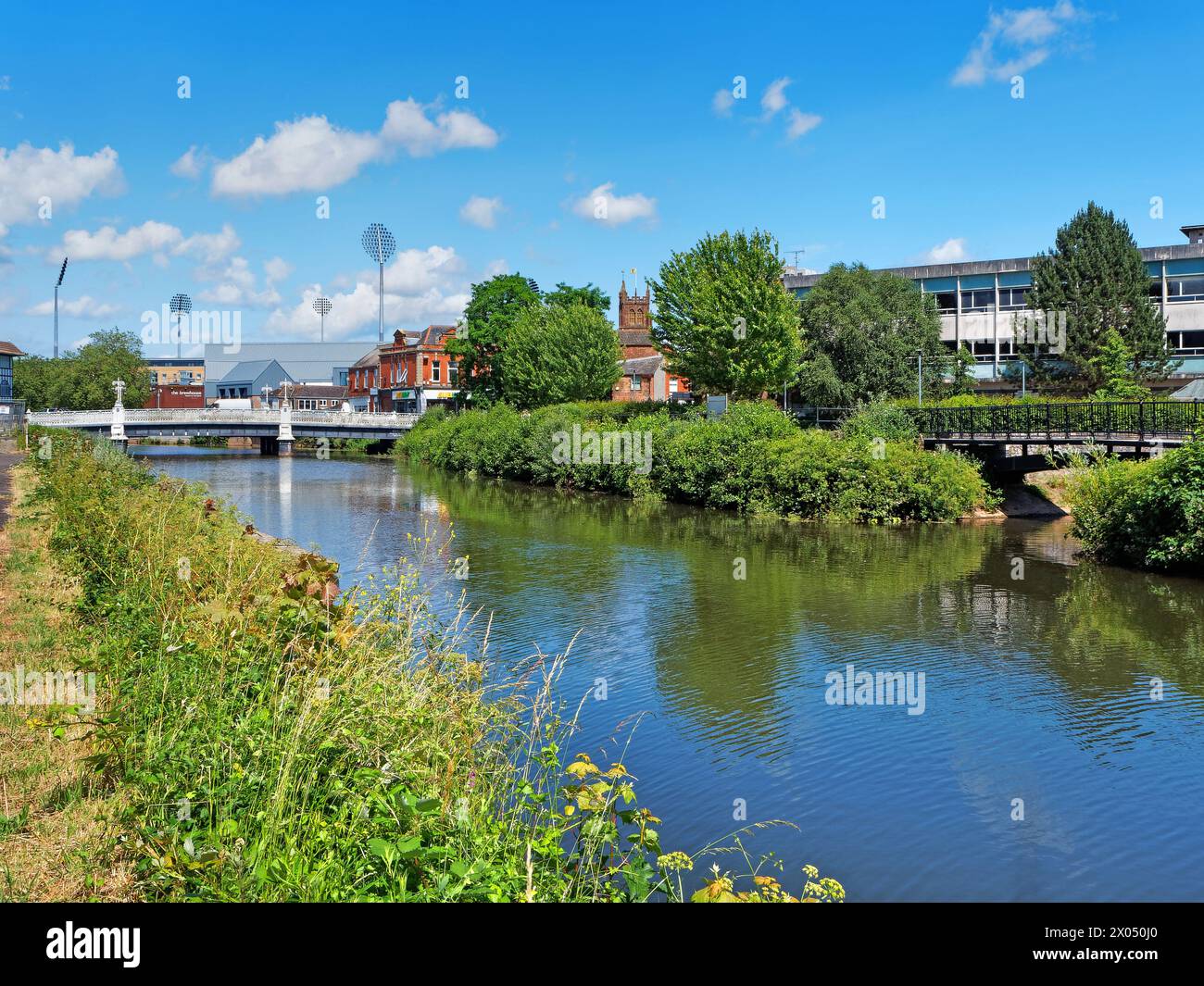 UK, Somerset, Taunton, River Tone and Town Skyline from opposite ...