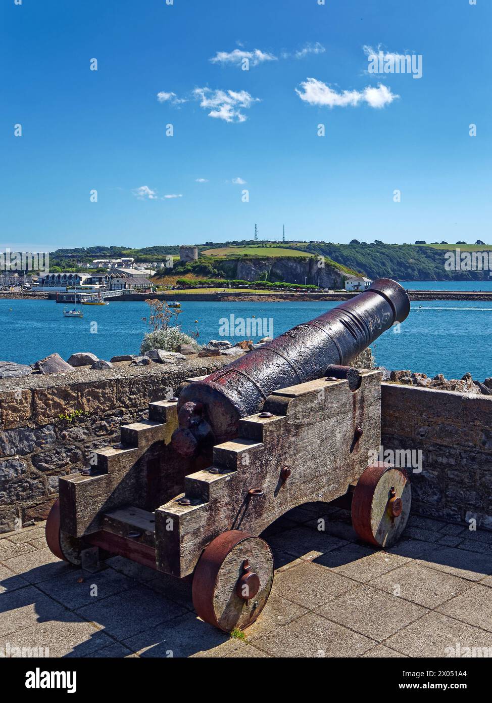UK, Devon, Plymouth, The Hoe, Cannon overlooking Mount Batten from ...