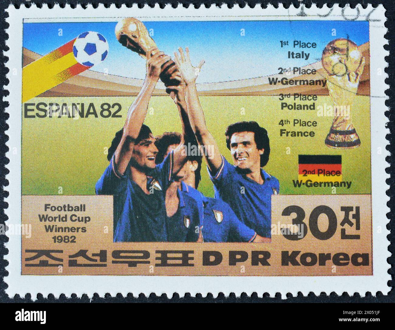 Cancelled postage stamp printed by North Korea, that shows World Cup ...