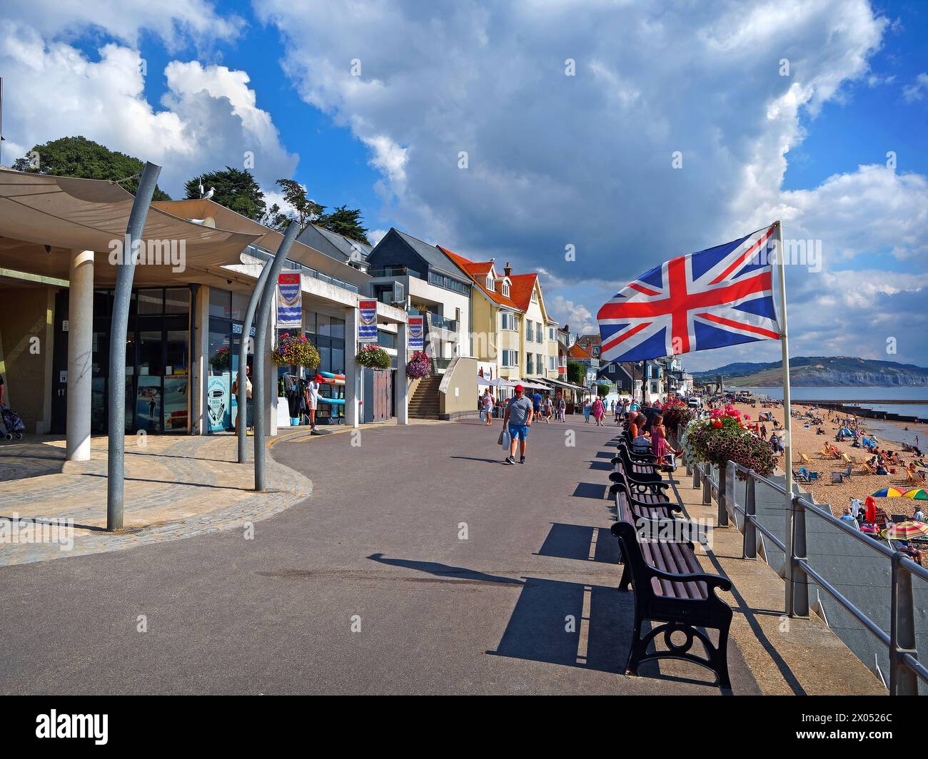 UK, Dorset, Lyme Regis, Marine Parade & Cobb Gate Beach looking East ...