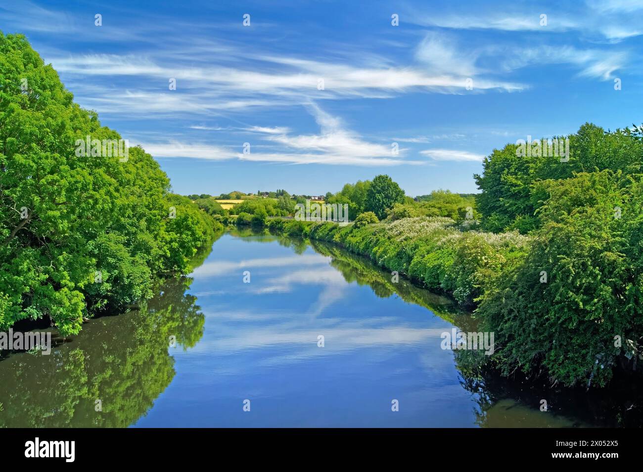 UK, West Yorkshire, Wakefield, River Calder with Sandal Castle in the ...