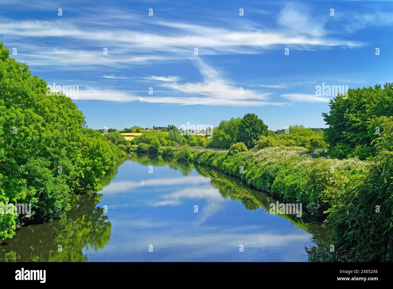 UK, West Yorkshire, Wakefield, River Calder with Sandal Castle in the ...