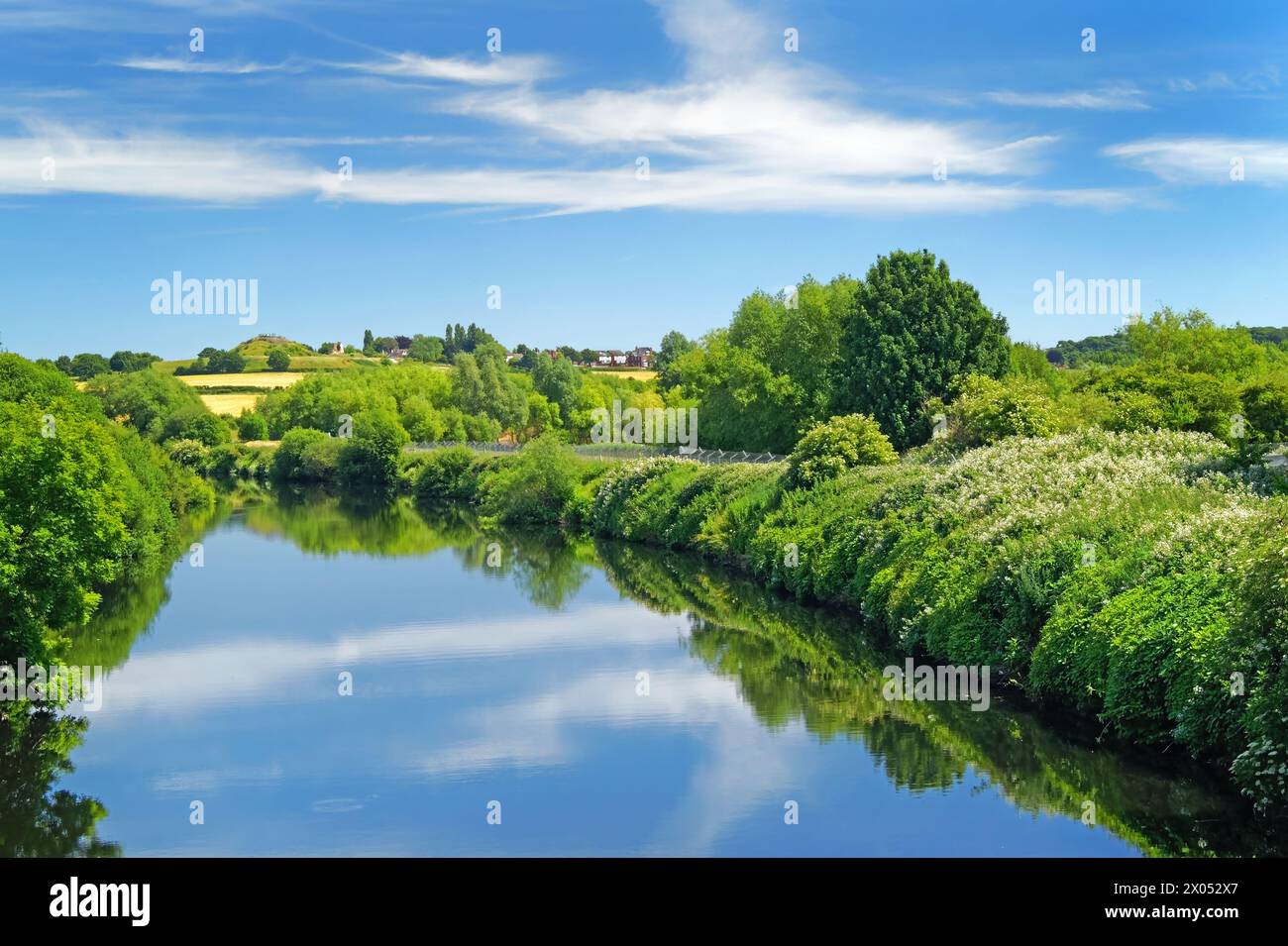 UK, West Yorkshire, Wakefield, River Calder with Sandal Castle in the ...