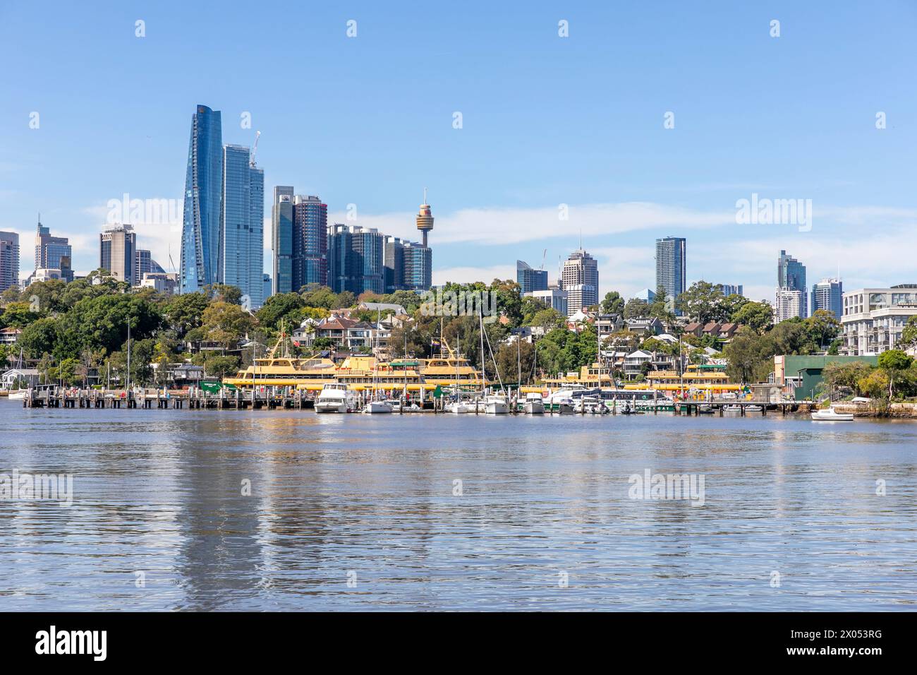 Balmain shipyard and Sydney cityscape with Sydney tower, Crown Casino ...