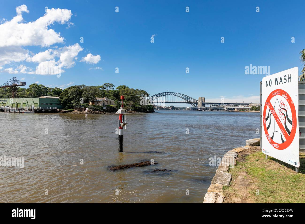 Port Jackson Sydney Harbour, Goat Island on the left and no wash sign ...