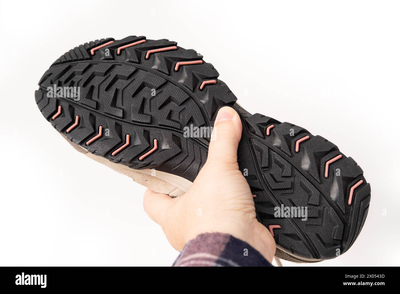 high tread soles, hiking sneakers with laces in female hands, buying ...