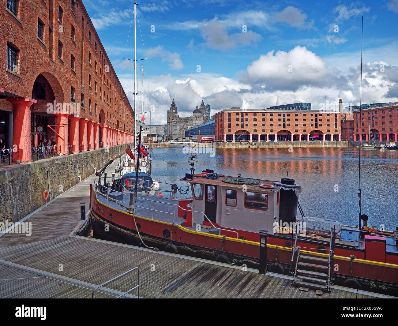 UK, Liverpool, Royal Albert Dock with Pier Head and The Three Graces in ...