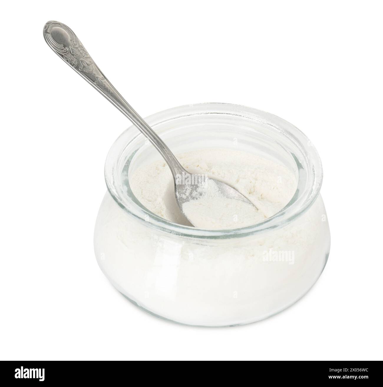 Baking powder in glass jar and spoon isolated on white Stock Photo - Alamy