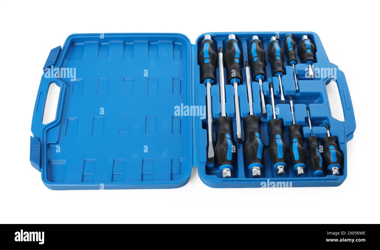 Set of screwdrivers in open toolbox isolated on white Stock Photo - Alamy