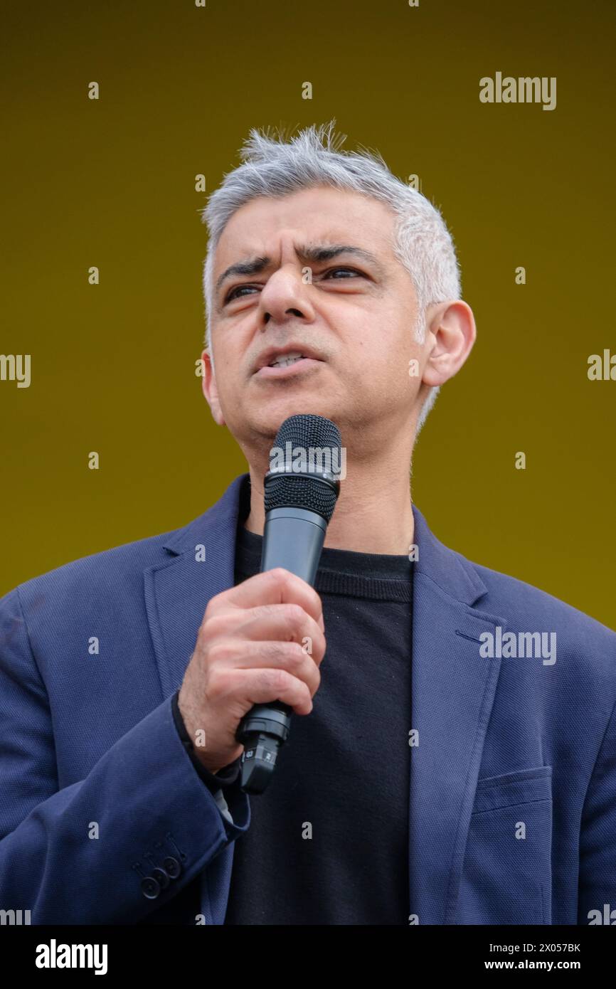 London, UK. The Mayor of London Sadiq Khan speaks to the crowd at the ...