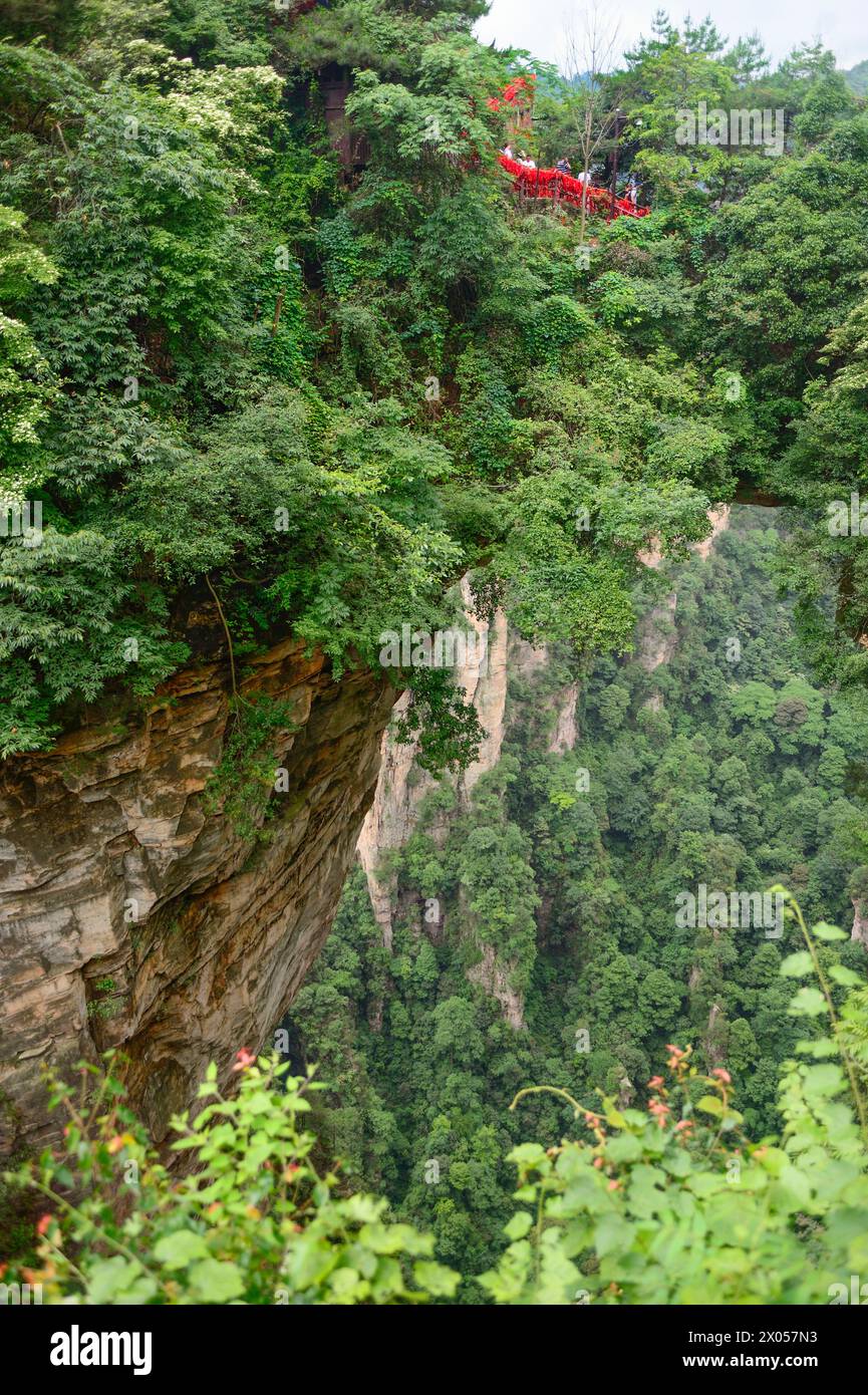Red blessing ribbons line a mountaintop trail in Zhangjiajie National ...