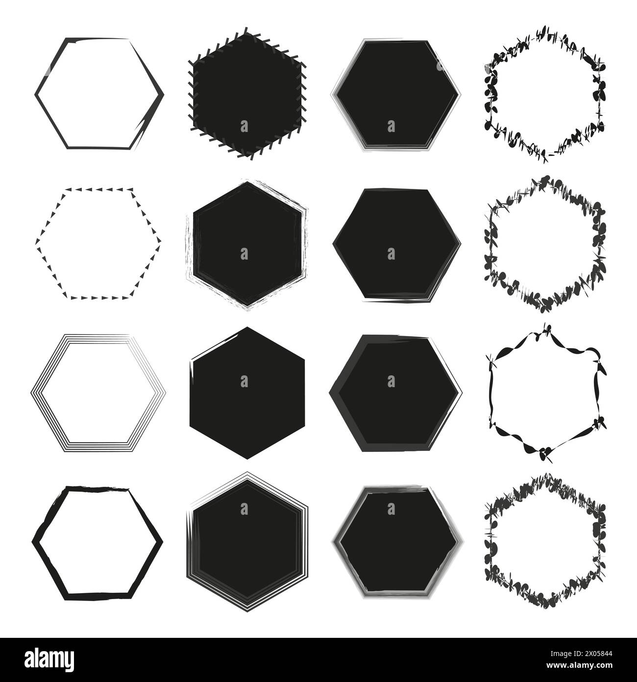 Geometric hexagon frames set. Floral wreath accents. Distressed edges ...