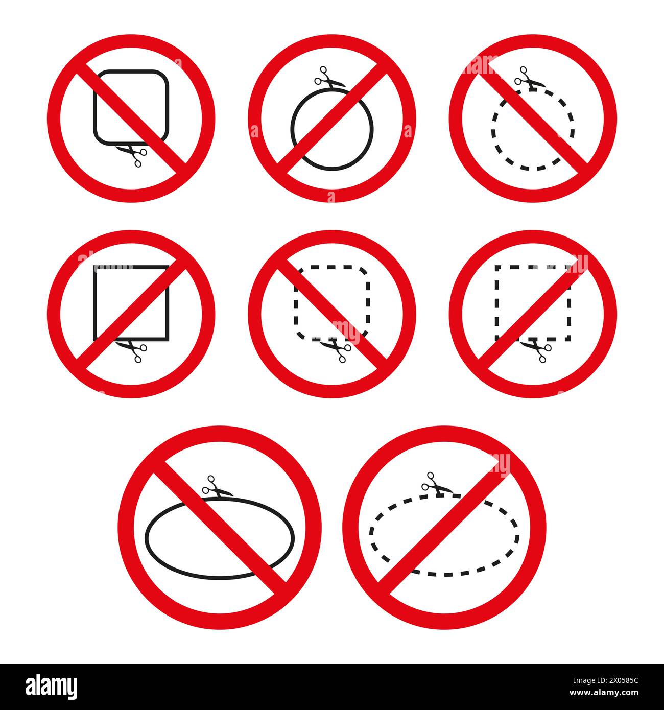 No scissors signs set. Cut prohibition icons. Safety guidelines ...