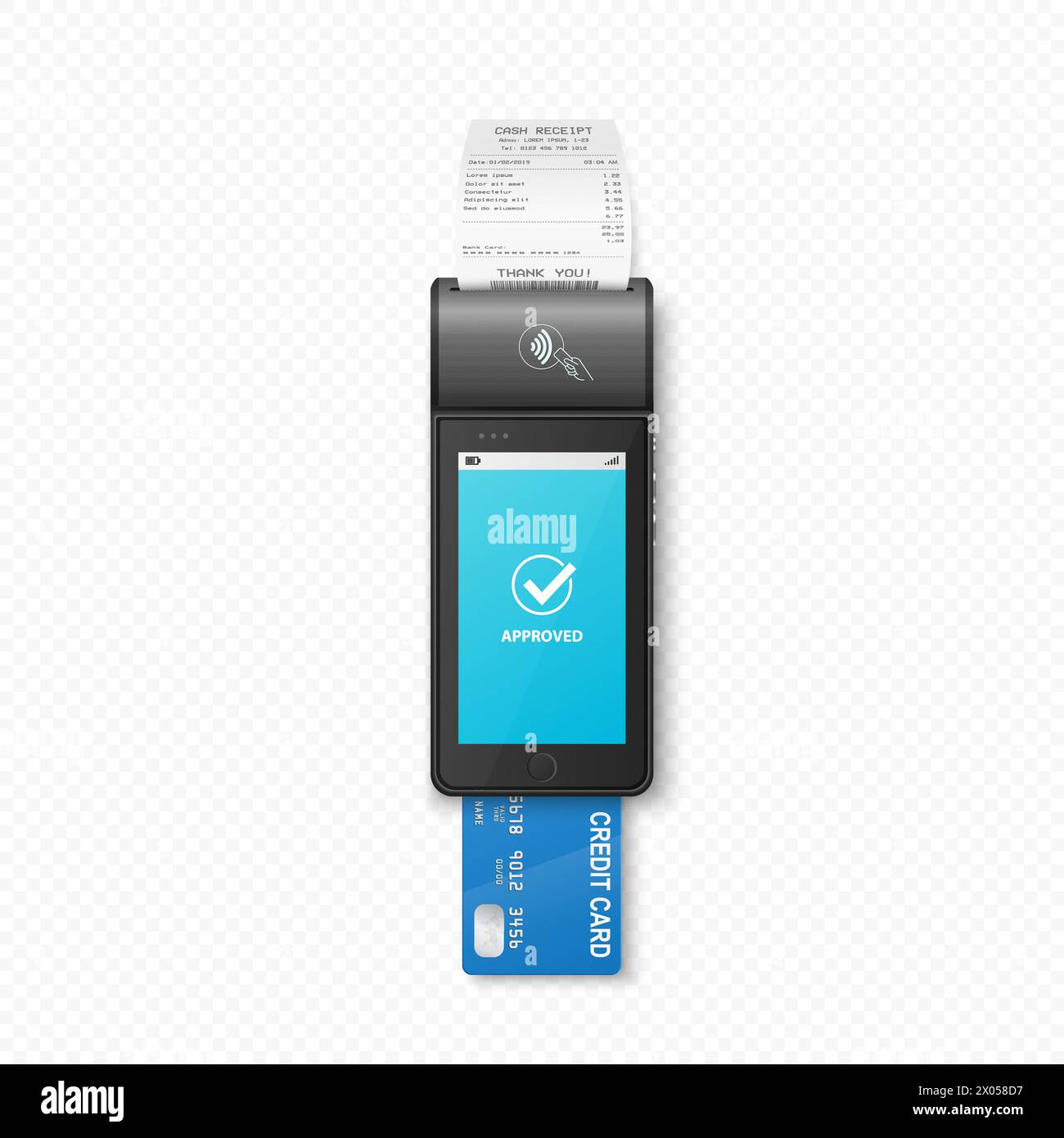 Vector 3D Realistic NFC Payment Terminal with Payment Receipt, Credit ... Vector 3D Realistic NFC Payment Terminal with Payment Receipt, Credit ...