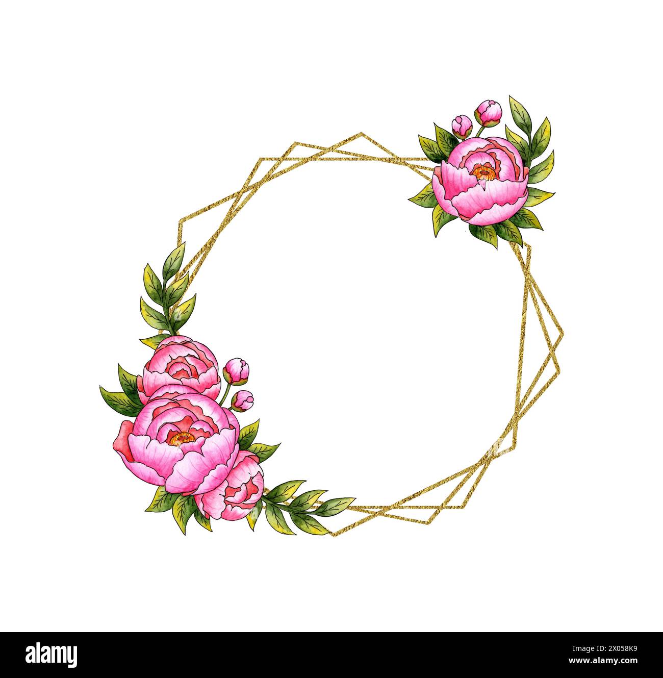 Watercolor illustration geometric hexagonal frame of pink peonies, buds ...