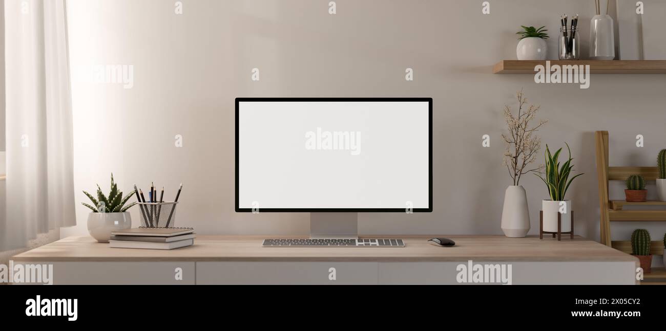 A front view image of a contemporary minimalist home office features a ...