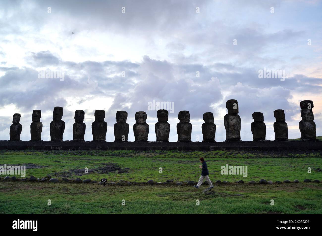 Beijing, China. 5th Apr, 2024. A visitor walks past Moai stone statues ...