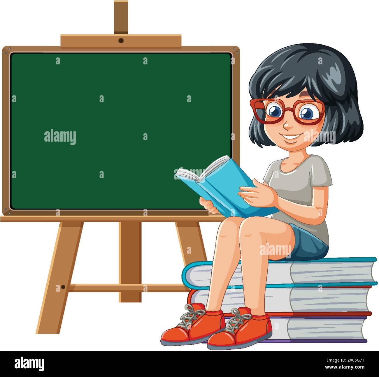 Cartoon girl reading book beside blank chalkboard Stock Vector Image ...