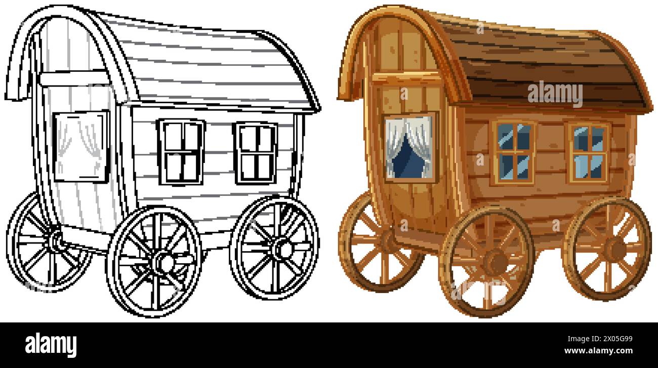 Colorful and line art wooden wagon illustrations Stock Vector Image ...